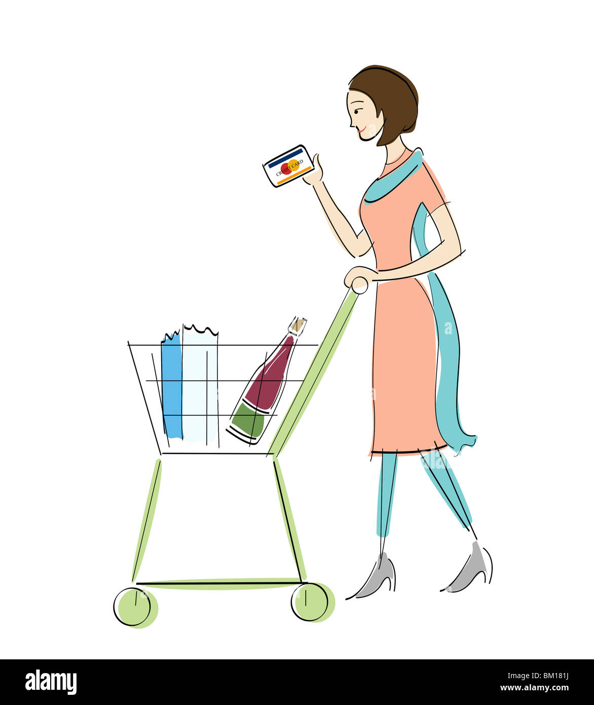Woman pushing a shopping cart Stock Photo - Alamy