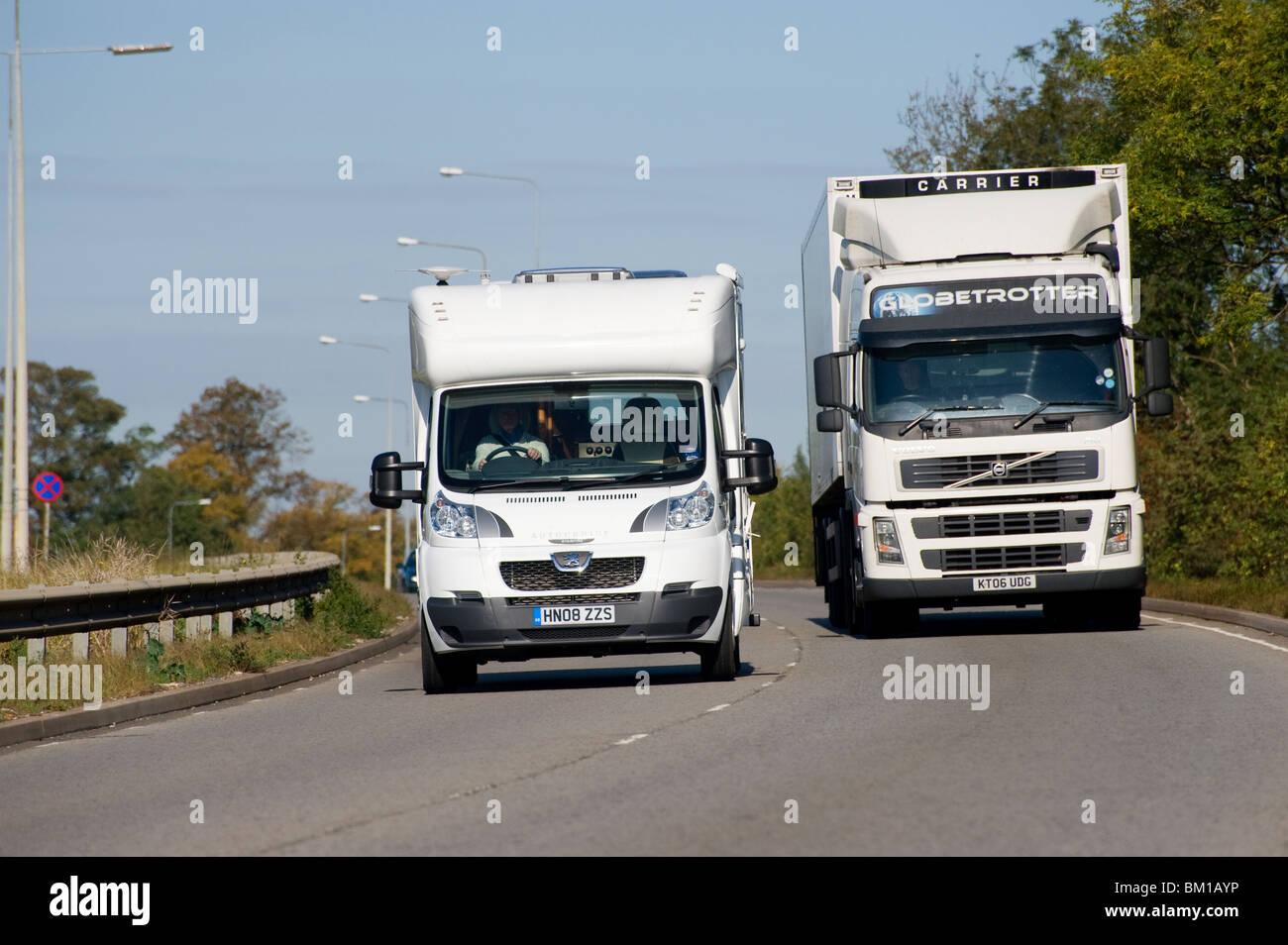 Motorhome overtaking a lorry on dual carriageway in England Stock Photo ...