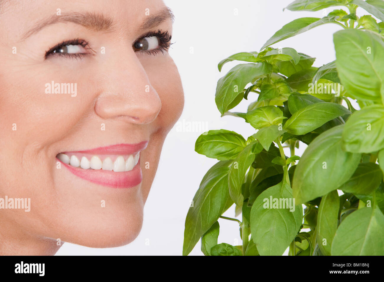 Portrait of a woman with basil leaves Stock Photo - Alamy
