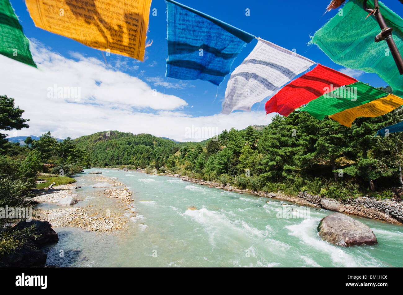 Prayer flags on a bridge, Bumthang, Chokor Valley, Bhutan, Asia Stock ...