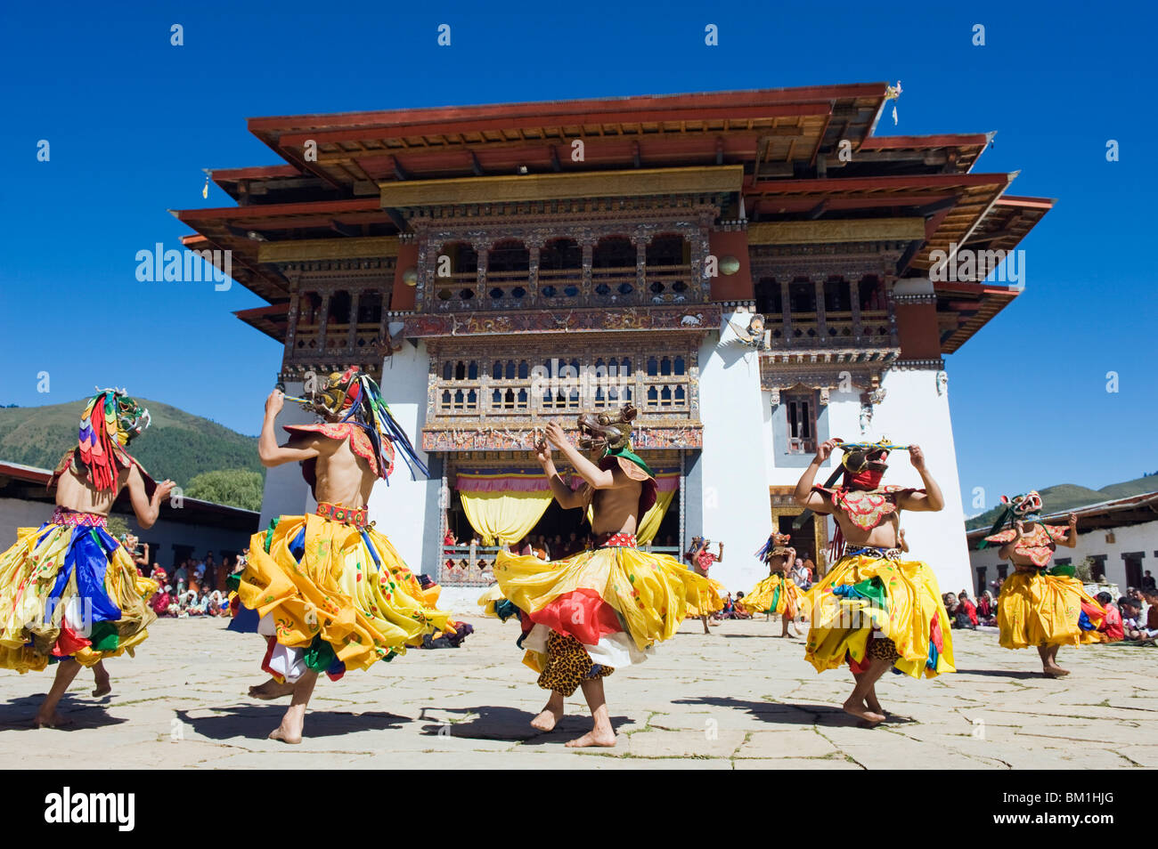 Dancers in costume at Tsechu (festival), Gangtey Gompa (Monastery), Phobjikha Valley, Bhutan ...