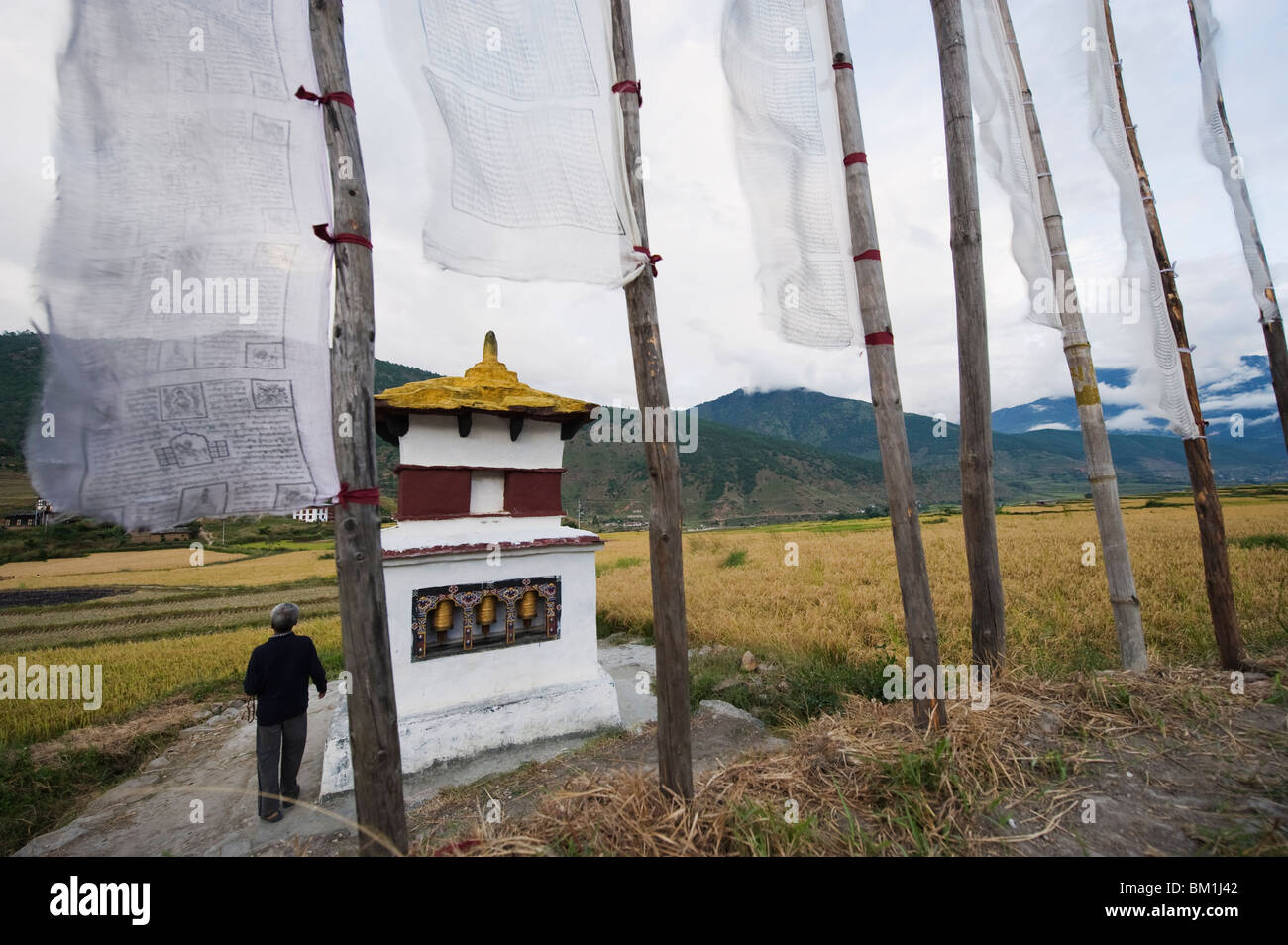 A man circumambulating a stupa with prayer flags, Punakha, Bhutan, Asia ...