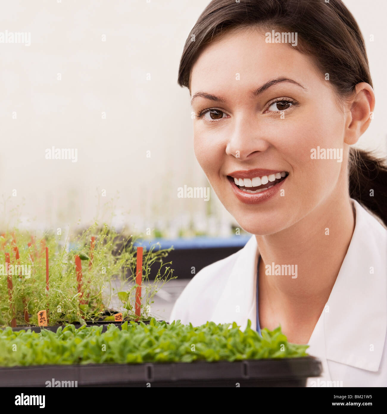 Female scientist smiling near plants in a laboratory Stock Photo - Alamy