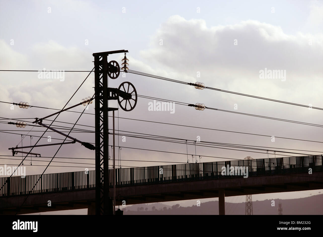 Cables and pole tower electric train railway Stock Photo - Alamy