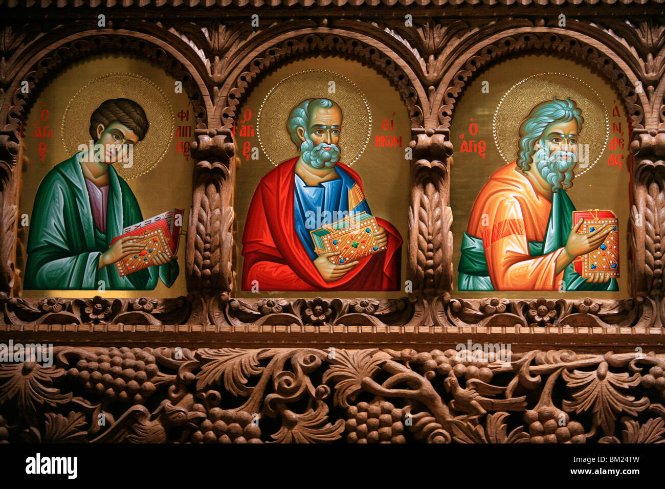 Icons on church iconostasis at Aghiou Pavlou Monastery on Mount Athos ...