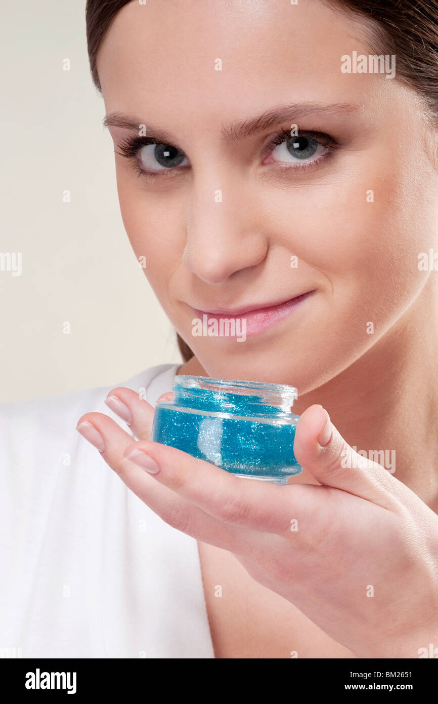 Woman smelling aroma gel Stock Photo - Alamy