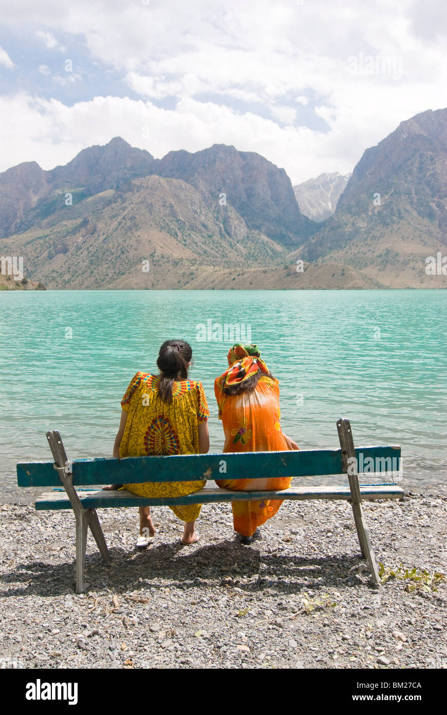 Bench at turquoise Iskanderkul Lake (Alexander Lake) in Fann Mountains ...