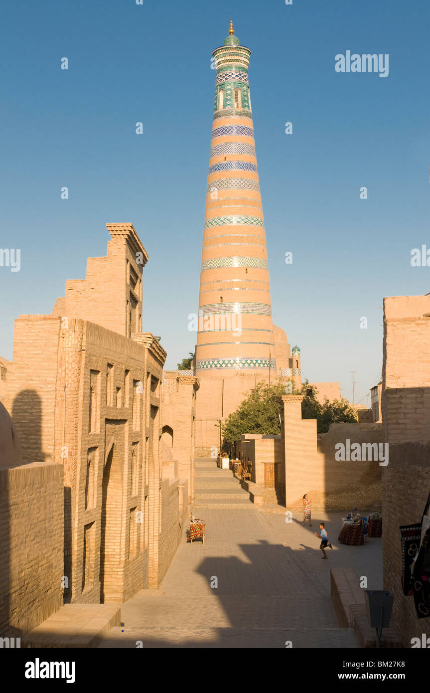 Minaret in Ichon-Qala (Itchan Kala) Fortress, UNESCO World Heritage Site, Khiva, Uzbekistan ...