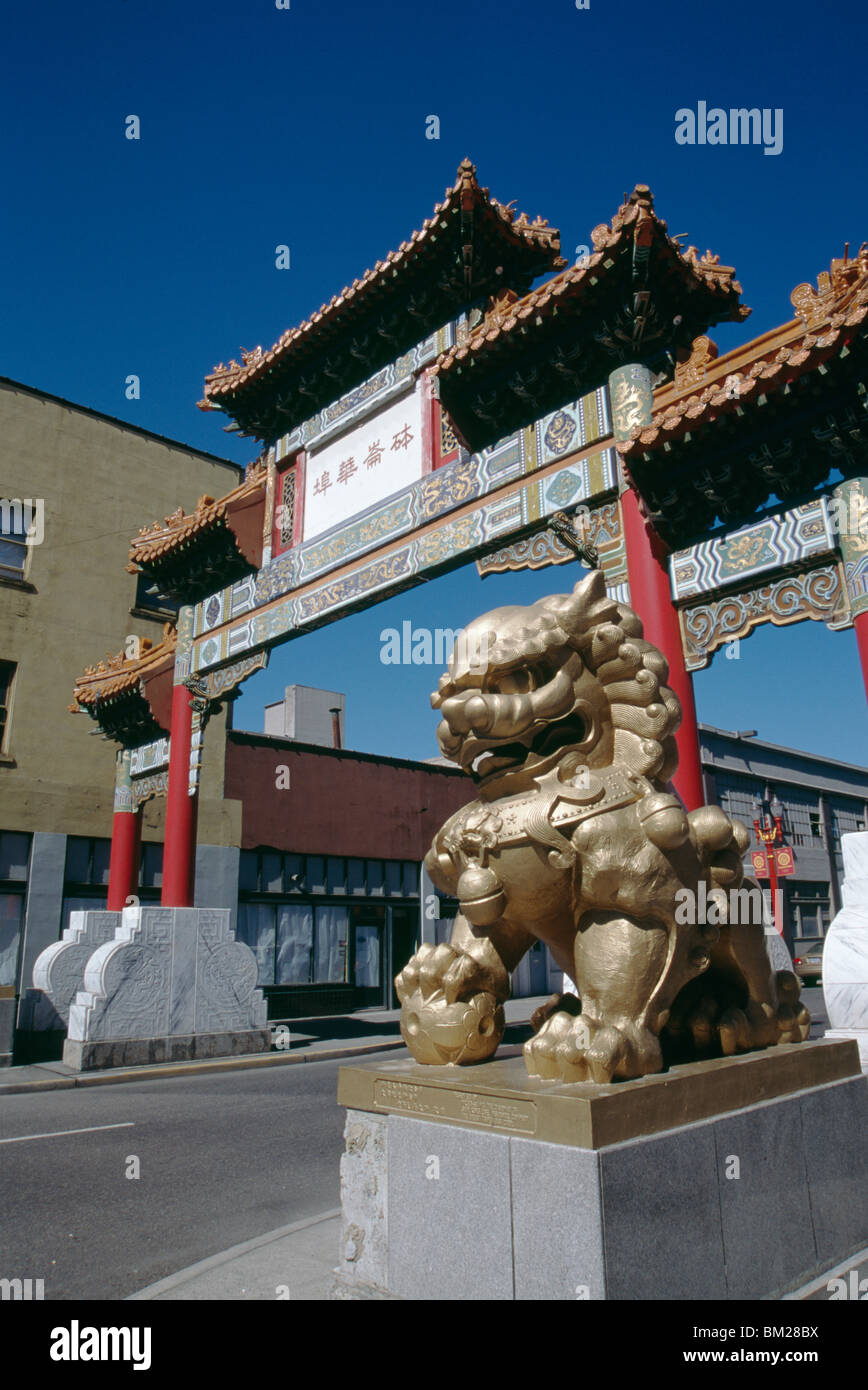 Lion's statue at a Chinese style gate, Chinatown Gate, Old Town ...