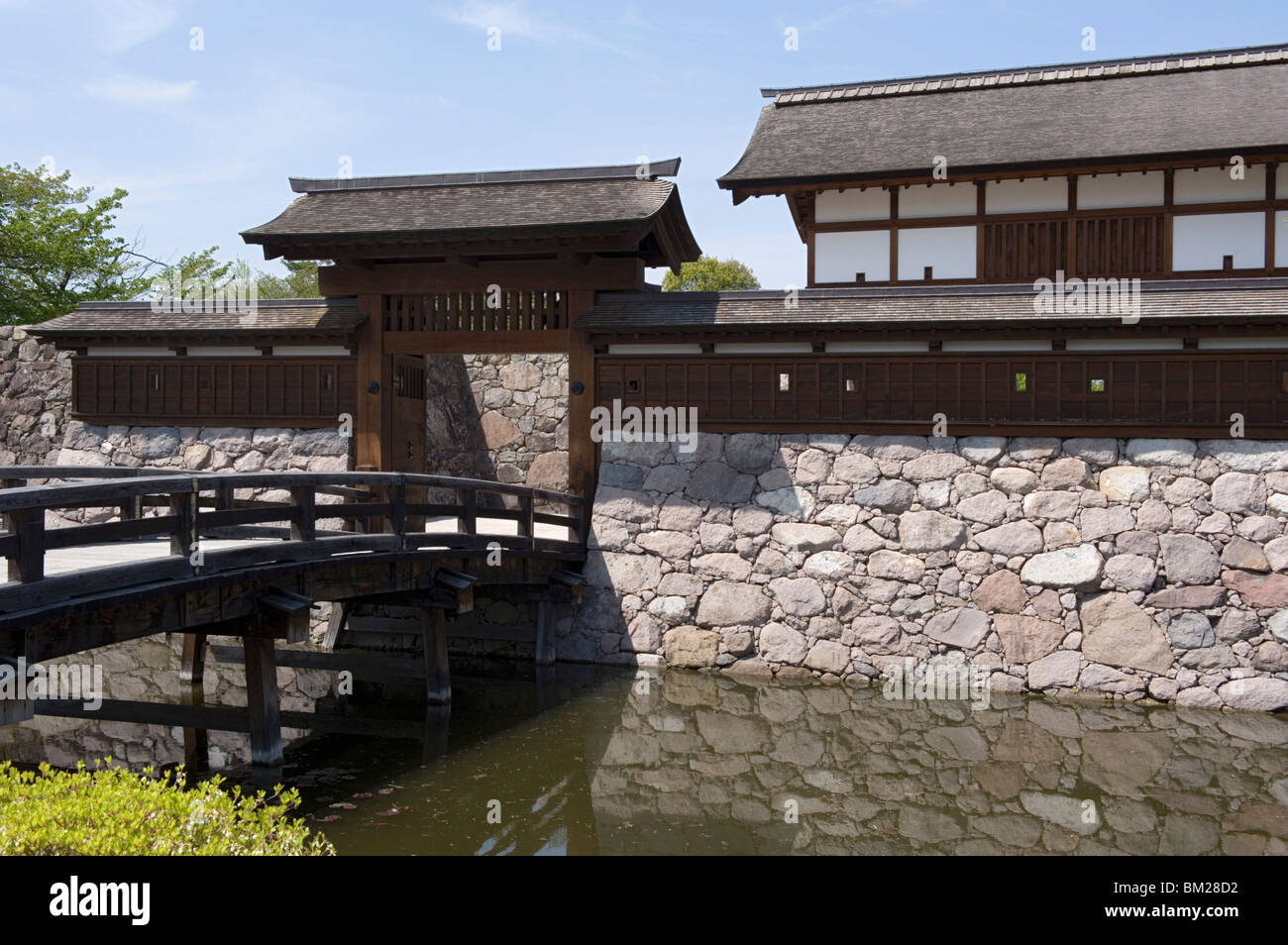 Main gate with bridge over moat at Matsushiro Castle in Nagano ...