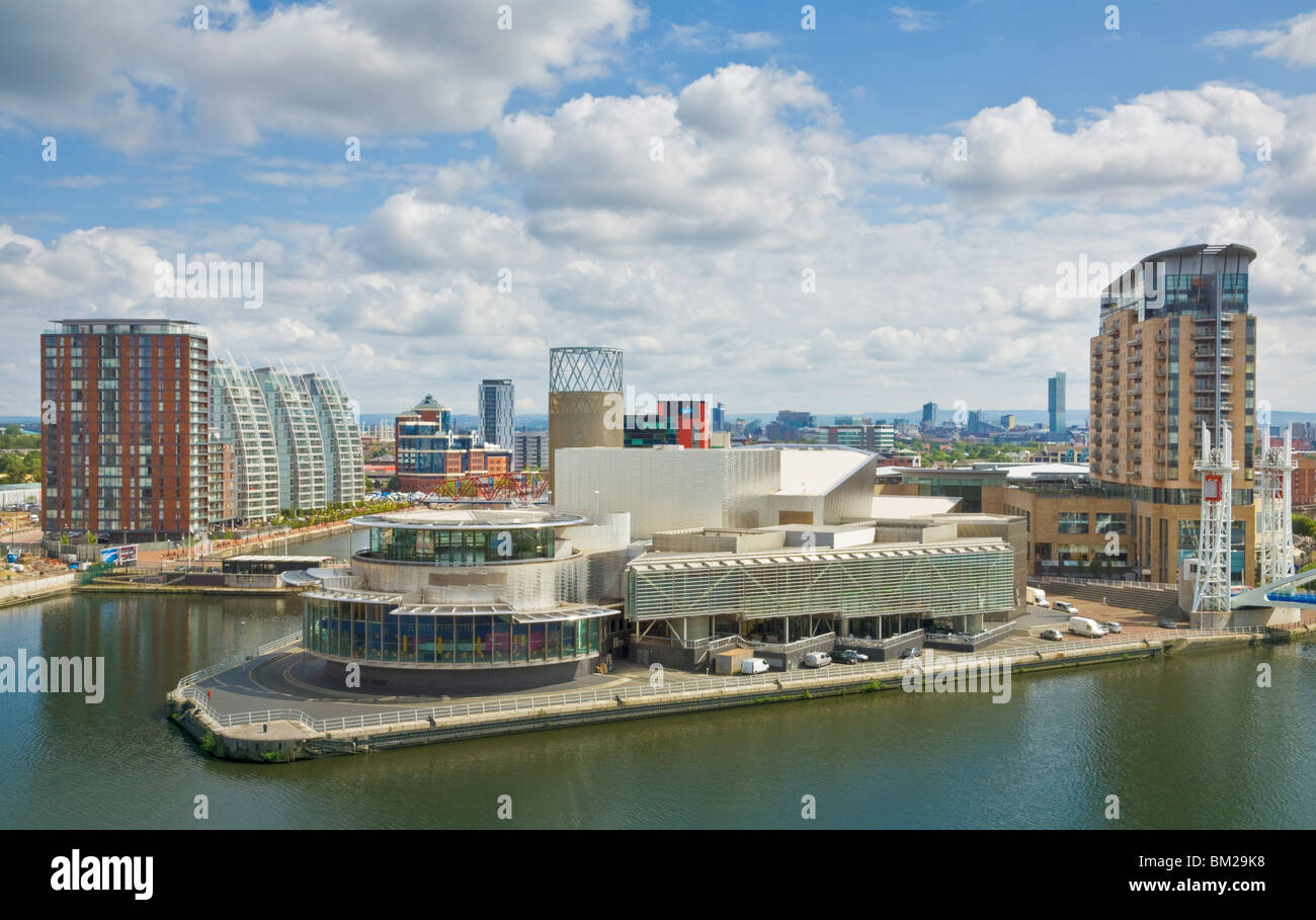 View across the Lowry Centre, apartments and new building construction ...