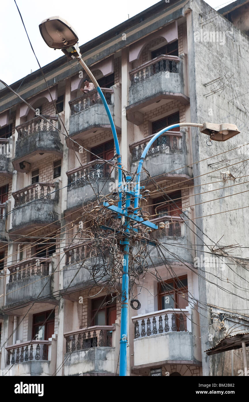 A Jumble of Electrical Cables on a Lamp Post in Mormugao, Goa, India ...