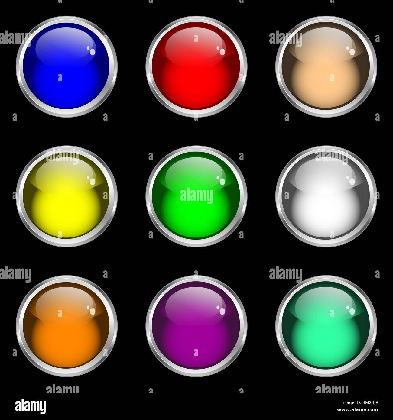 Web buttons. Nine shiny gel buttons with silver rims in assorted colors ...