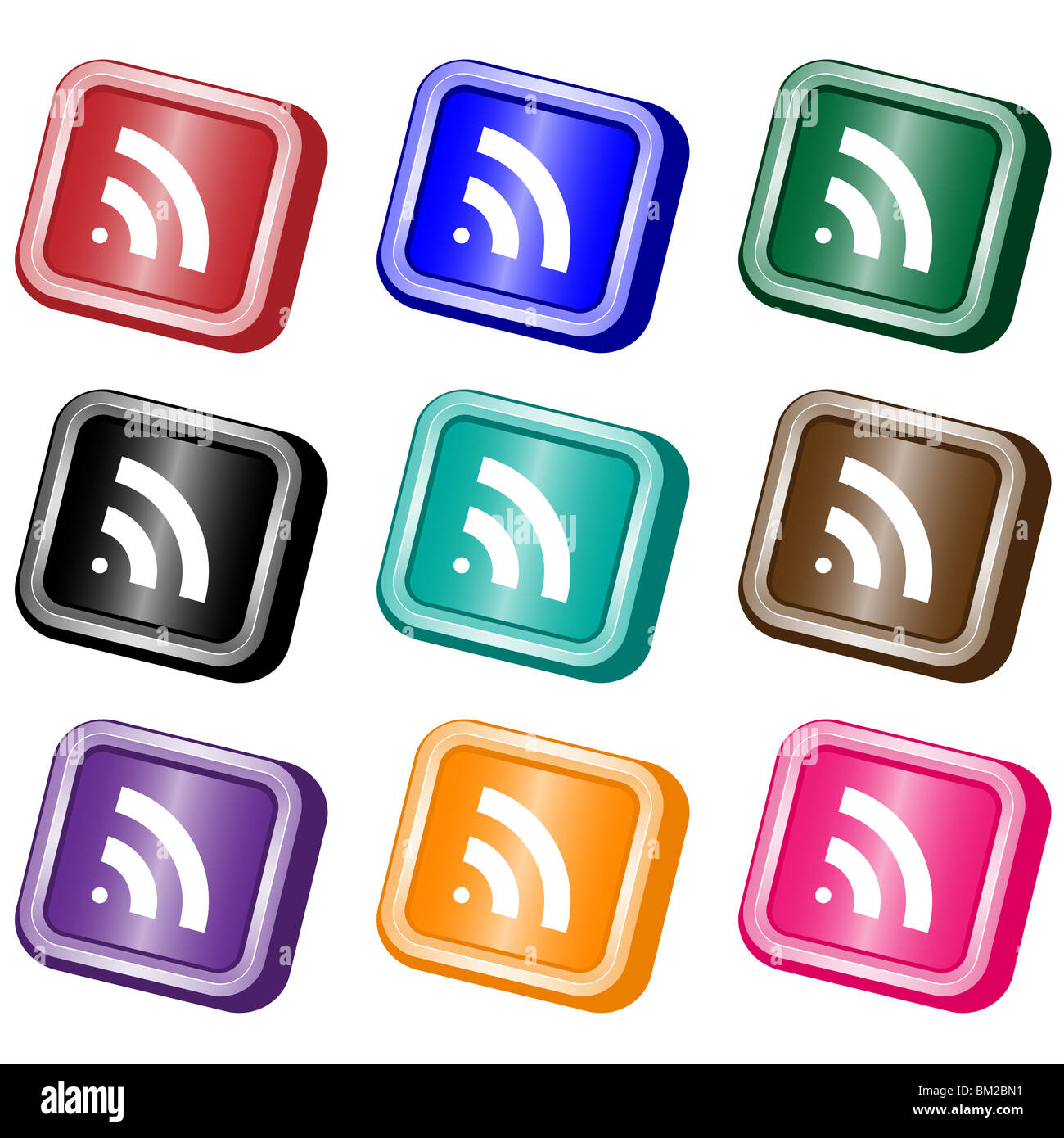 RSS square web buttons set in nine assorted colors. Isolated on white ...