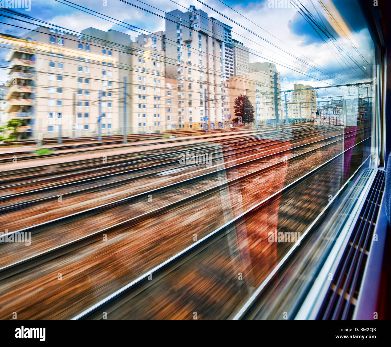 View through the window of a TGV train approaching Paris, France Stock ...