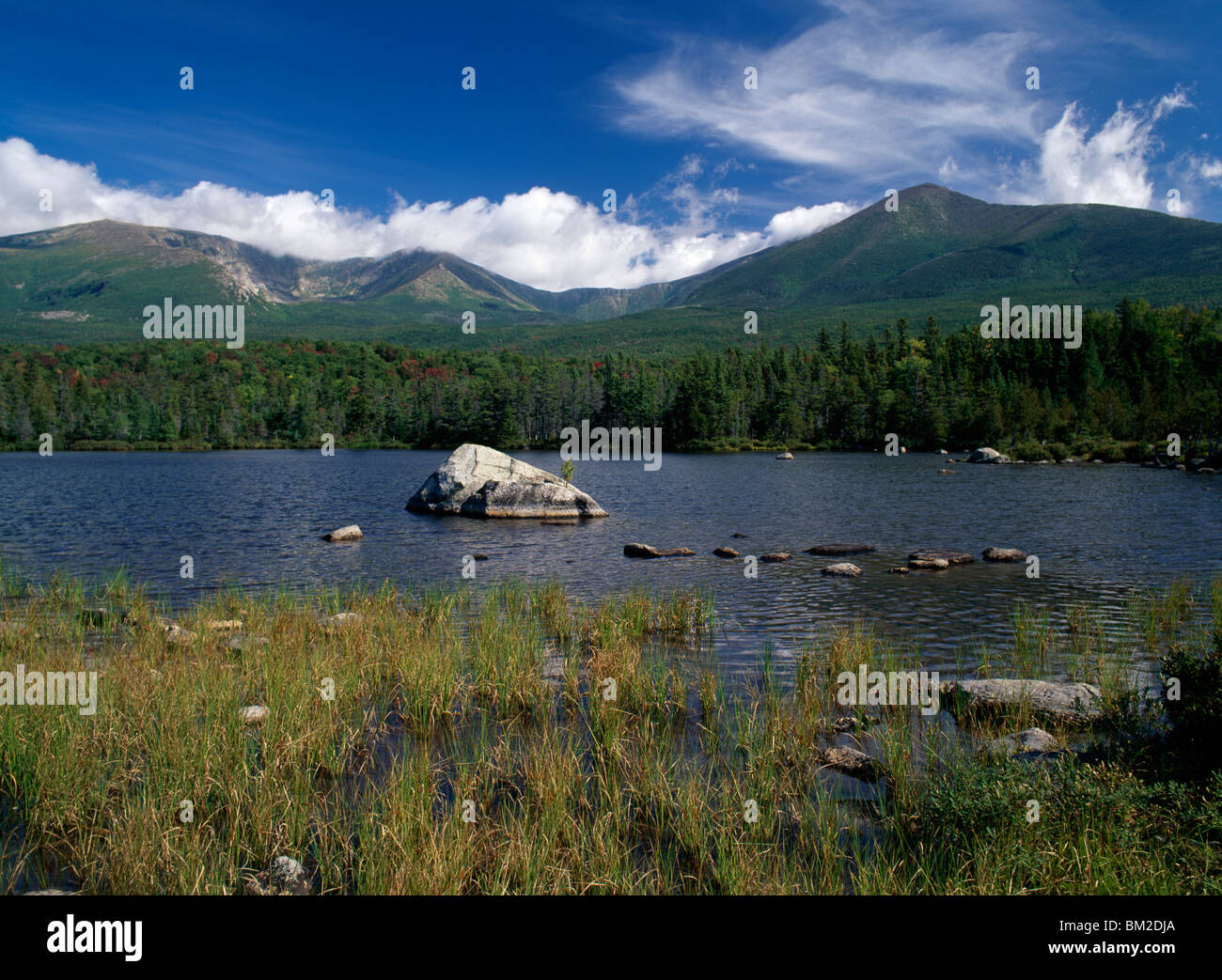River with a mountain range in the background, Mt Katahdin, Penobscot ...