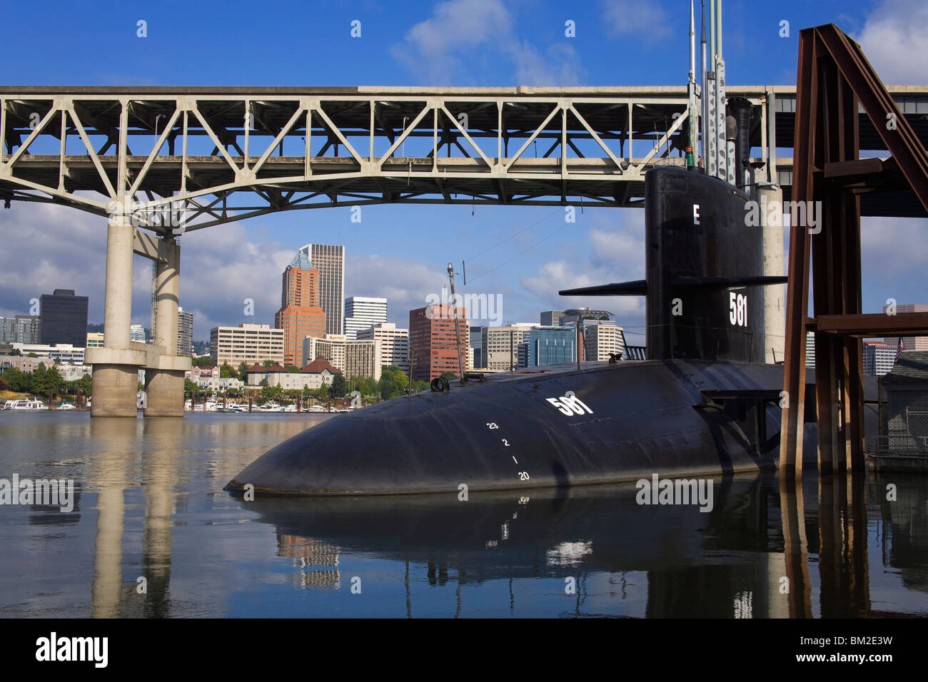 Marquam Bridge over the Willamette River and the US Submarine Blueback ...