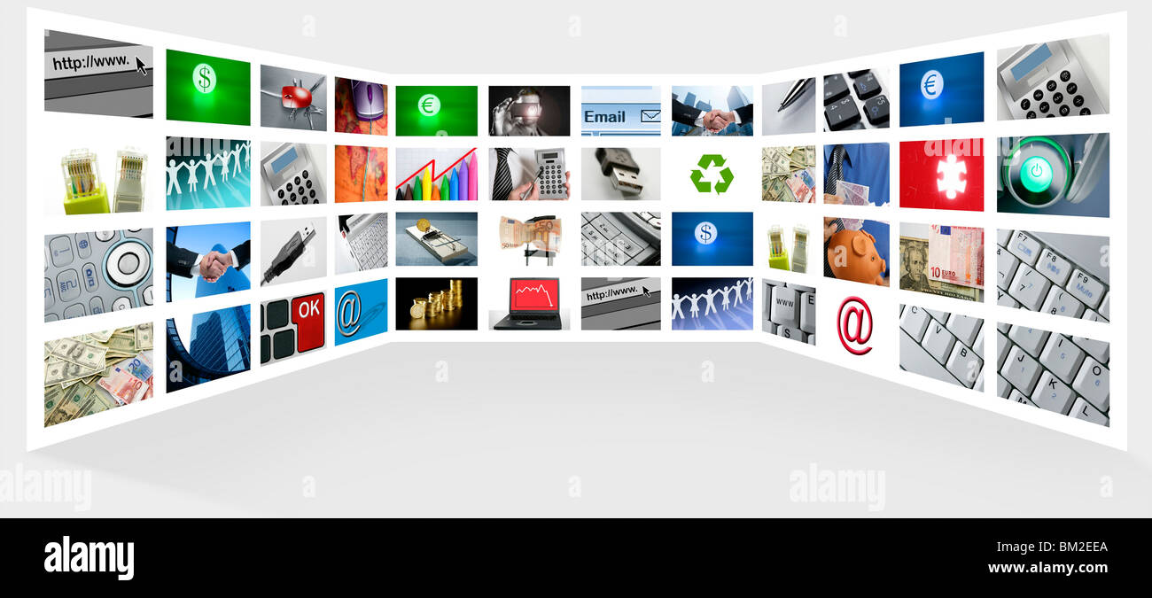 Big Panel of TV screen showing business tech and internet communication ...
