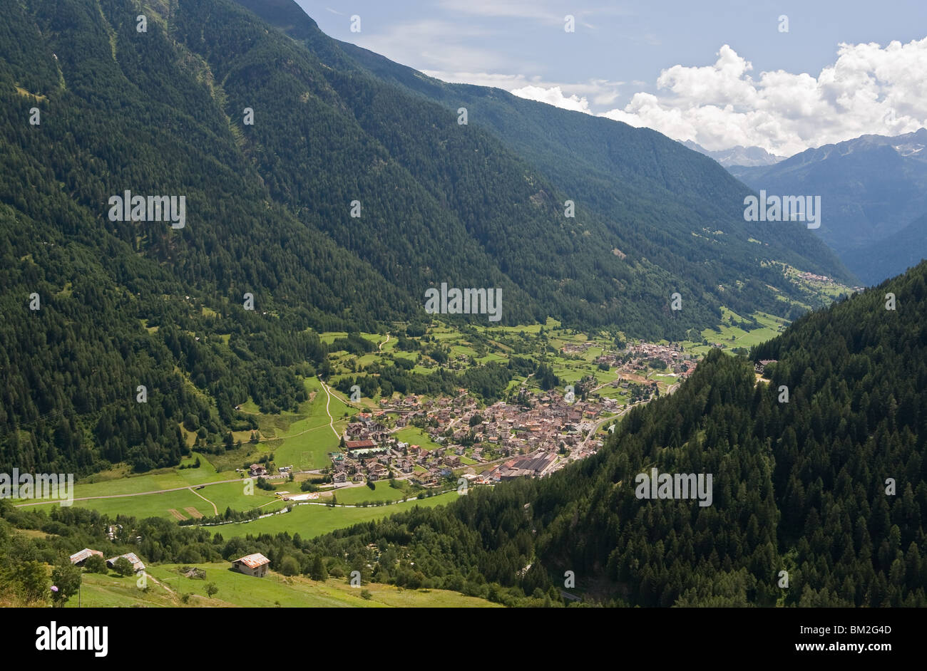 summer view of Pejo valley with the small town Cogolo, Trentino, Italy ...
