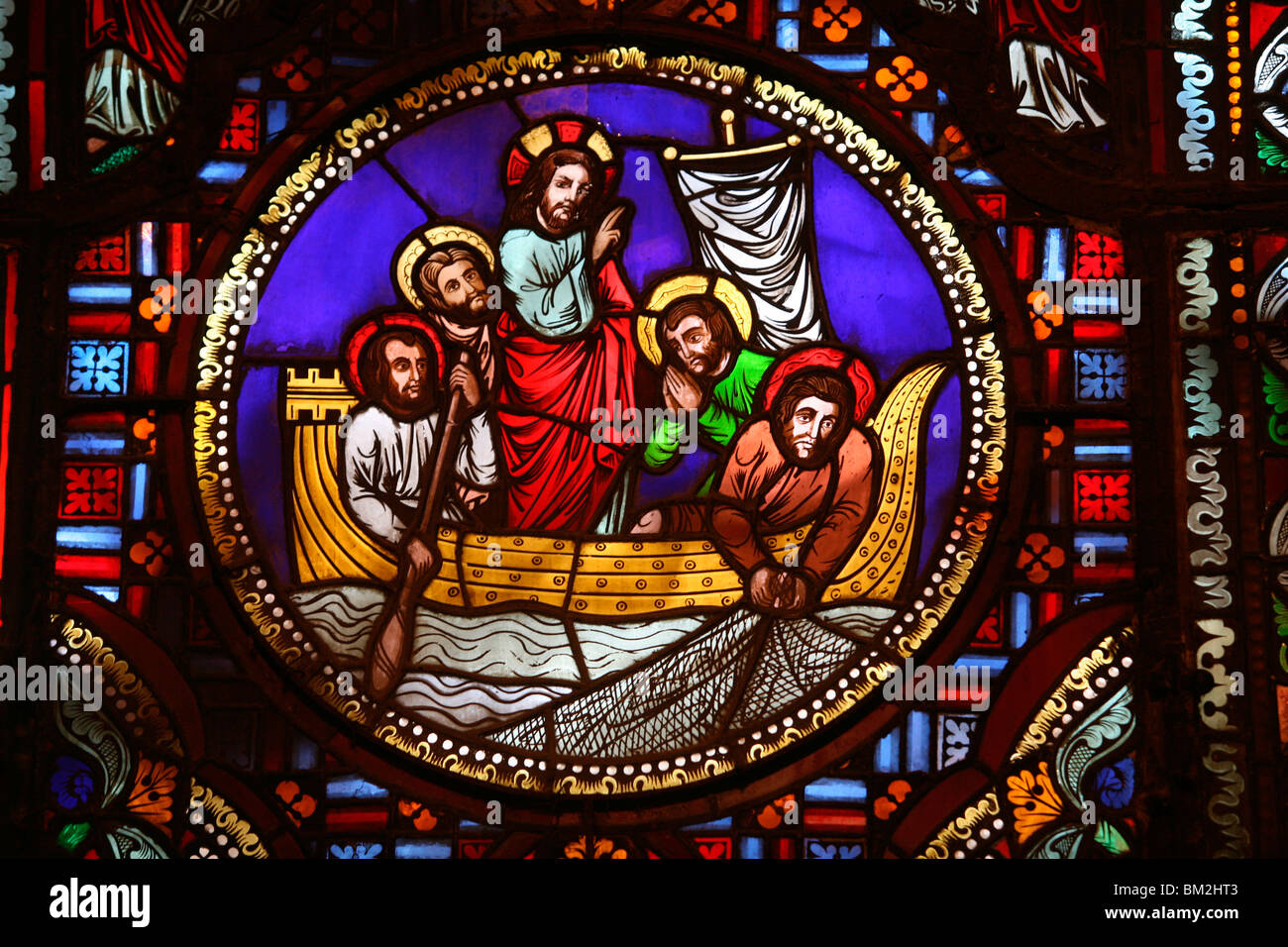 Stained glass window of the miracle of fishing, Lyon, Rhone, France ...