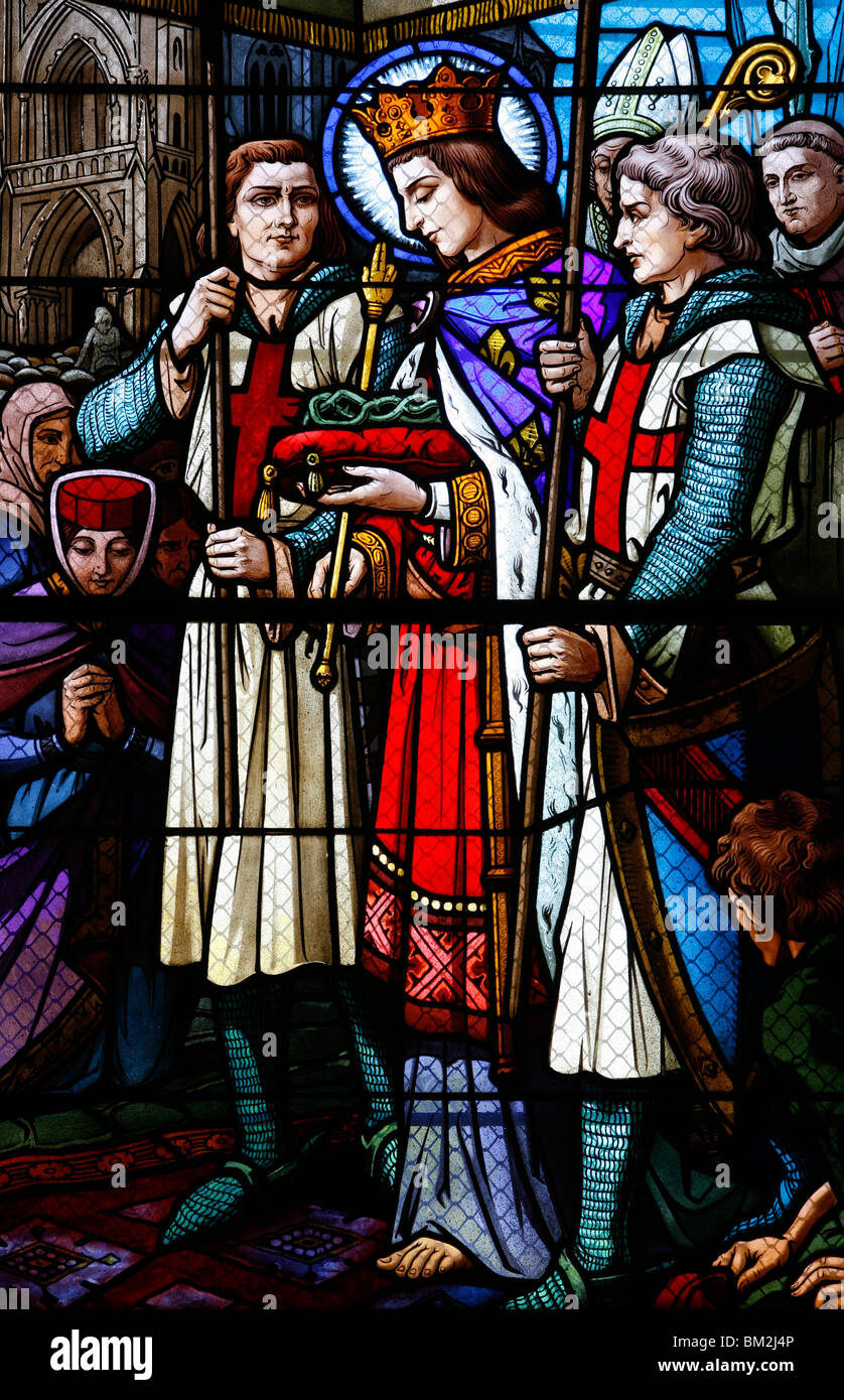 Stained glass window of St. Louis holding the crown of thorns, St ...