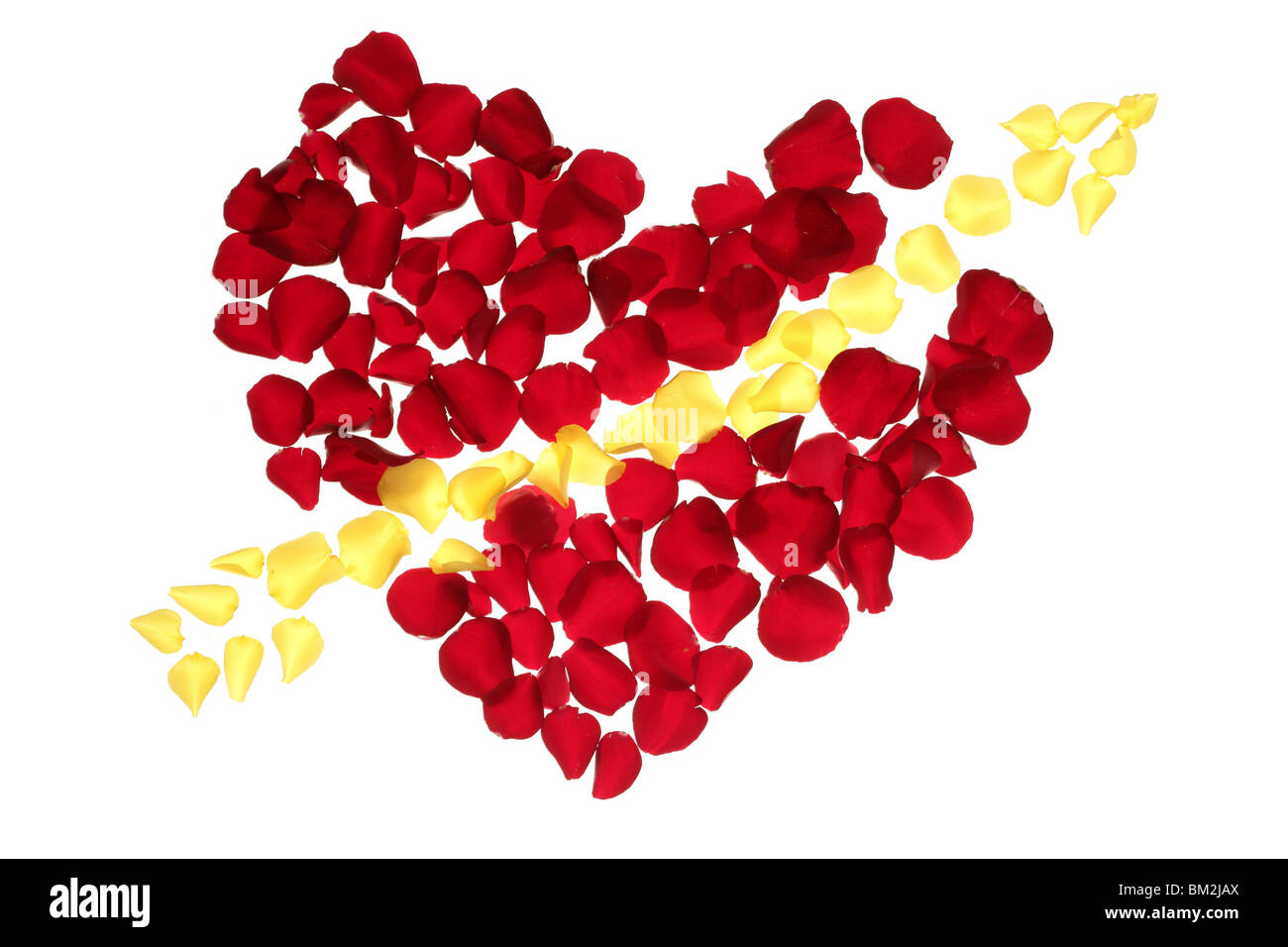 Cupid arrow in a red rose petals heart shape, love symbol Stock Photo ...