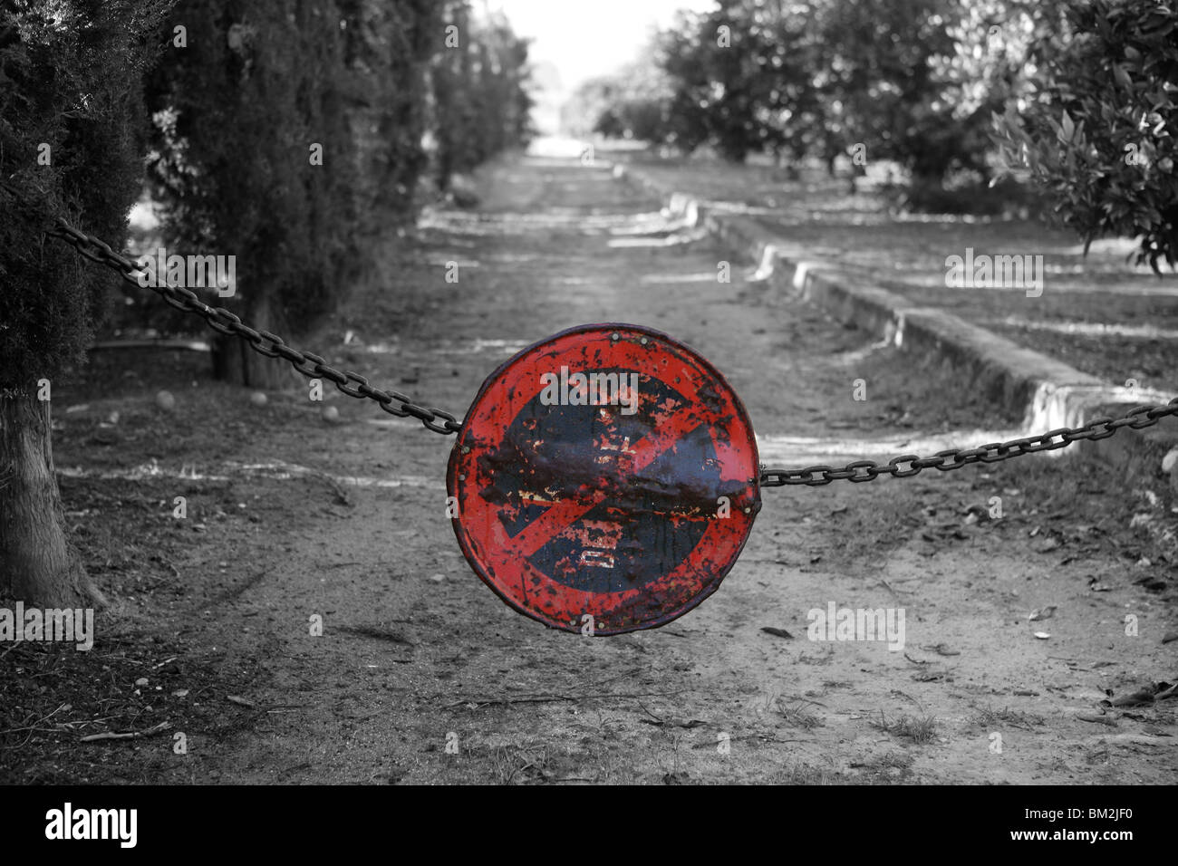 do not pass, do not parking, chain crossing way. aged weathered signal ...