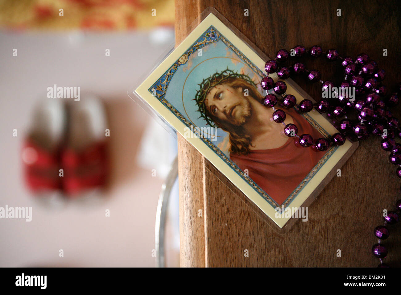 Religious paraphernalia in a bedroom, Chedde, Haute Savoie, France ...