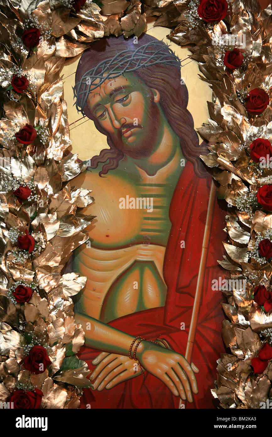 Detail of icon of Christ displayed during Easter week in a Greek ...