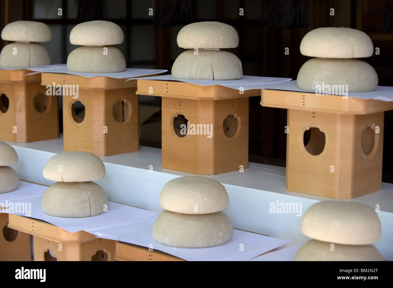 Offerings of kagami-mochi (mirror rice cakes) at the Meiji Jingu shrine ...