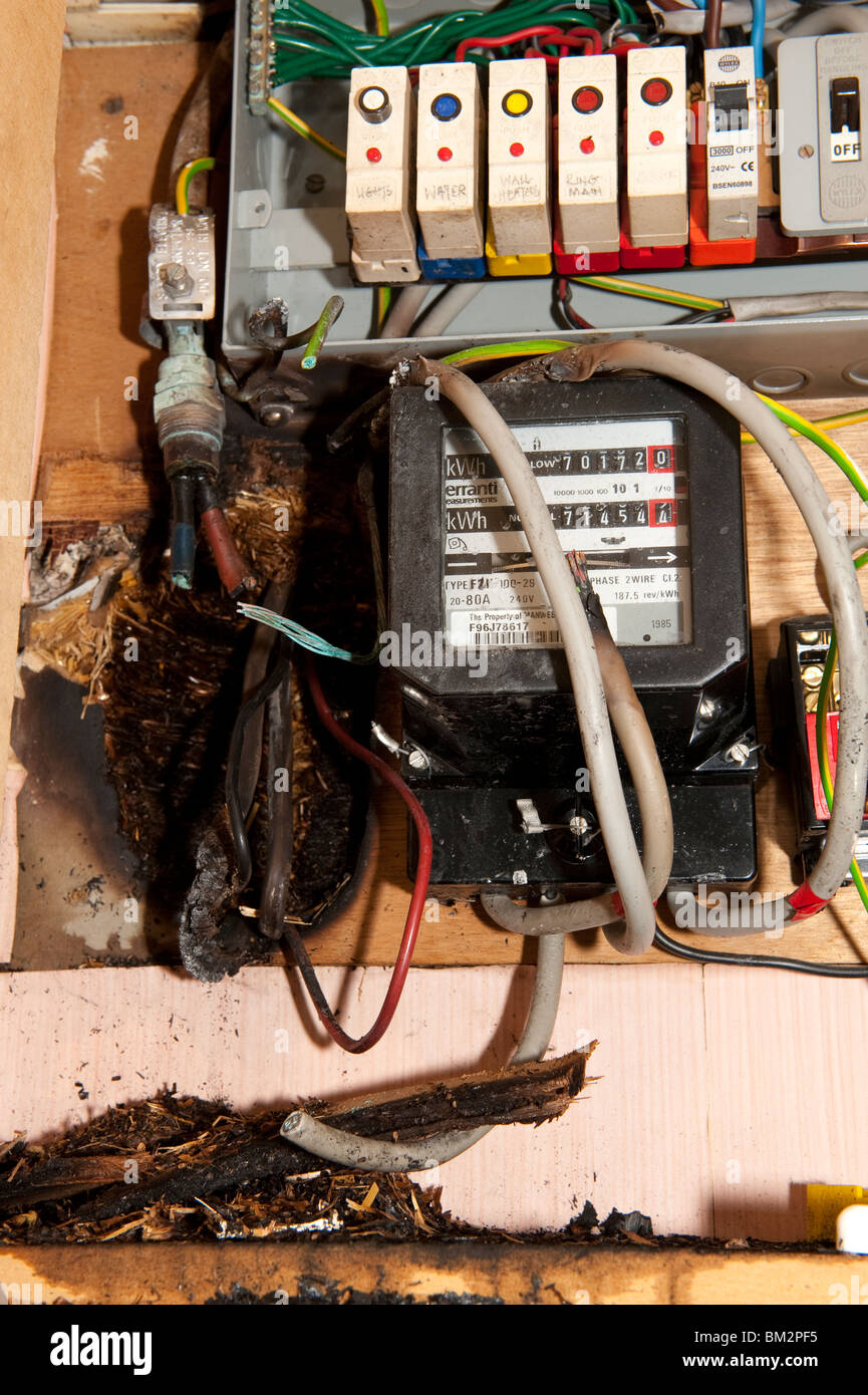 Domestic consumer electrical unit burnt out Stock Photo - Alamy