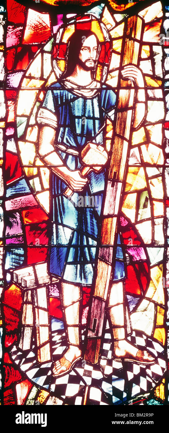Christ the Carpenter, stained glass window Stock Photo - Alamy