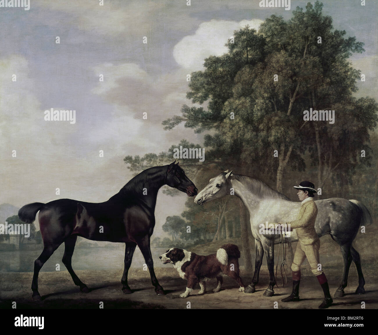 Boy with two horses nad dog, painted image Stock Photo - Alamy