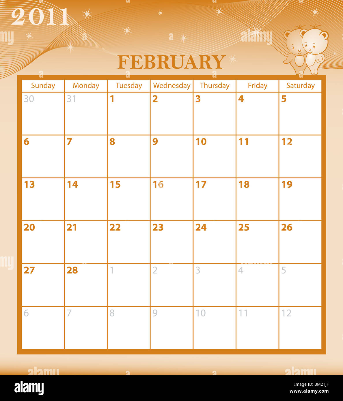 Calendar 2011 February month with large date boxes. Cartoon characters ...