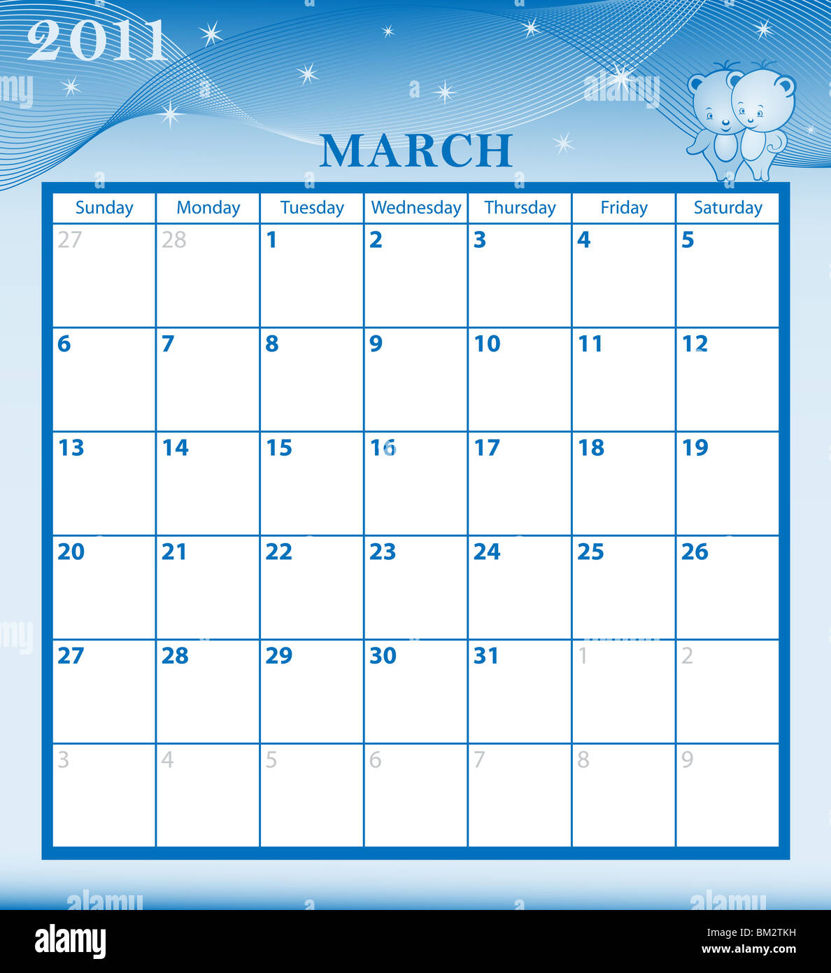 Calendar 2011 March month with large date boxes. Cartoon characters and ...