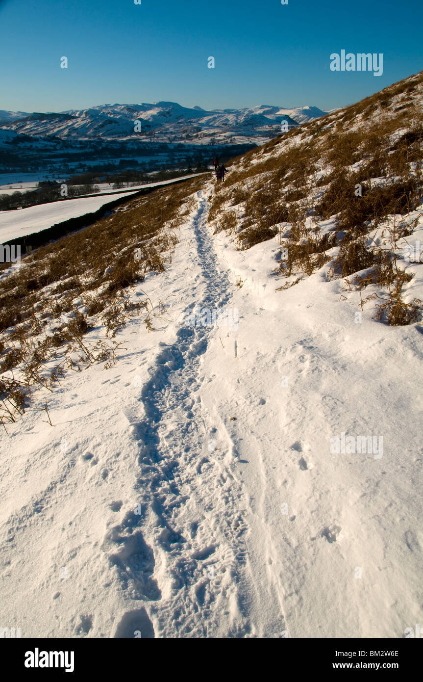 Walkers on a path on the lower slopes of Blencathra in winter. Lake ...