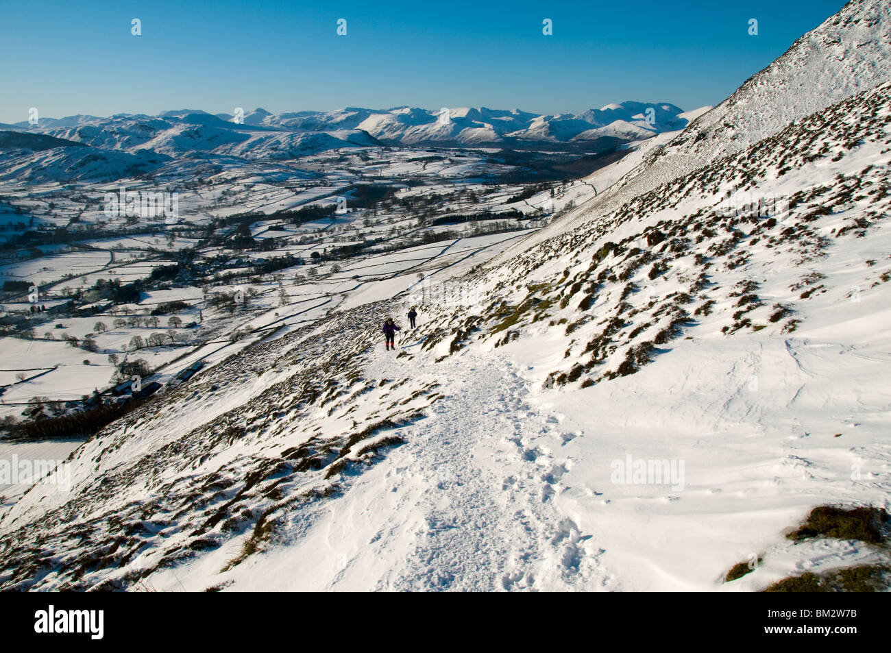 Walkers on the lower slopes of the Hall's Fell ridge of Blencathra in ...