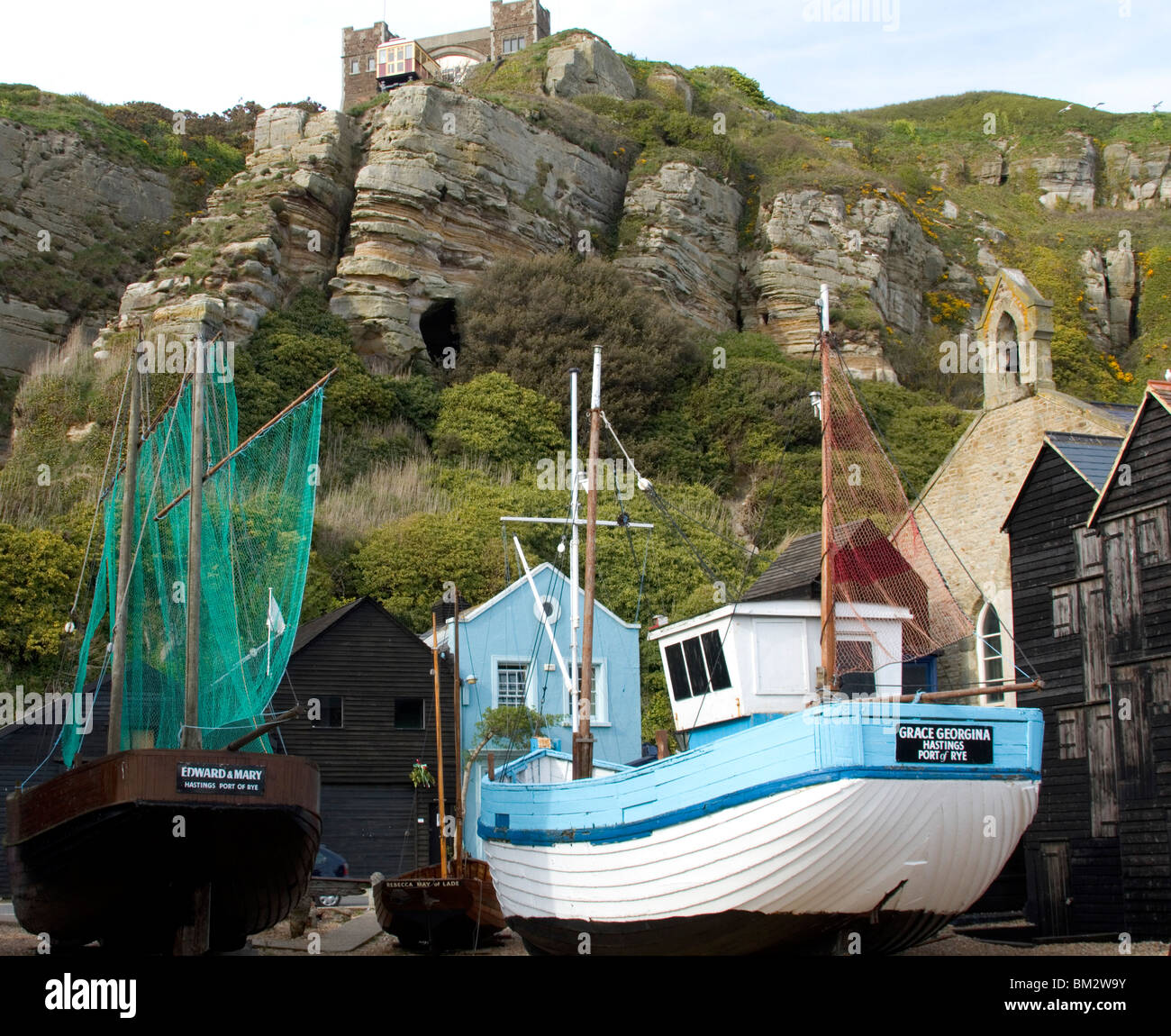Hastings harbour and funicular Stock Photo - Alamy