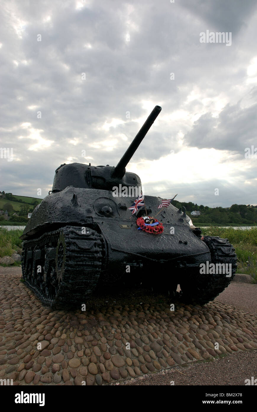 World War Two Sherman tank memorial with natural sweeping cloud ...