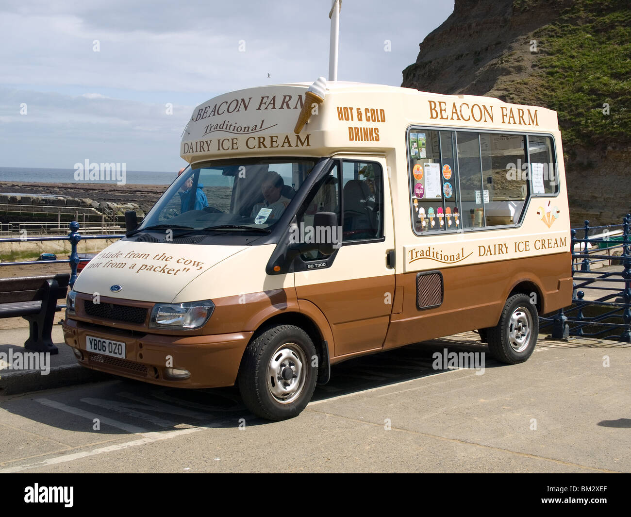Traditional Dairy Ice Cream van parked by Staithes harbour in spring ...