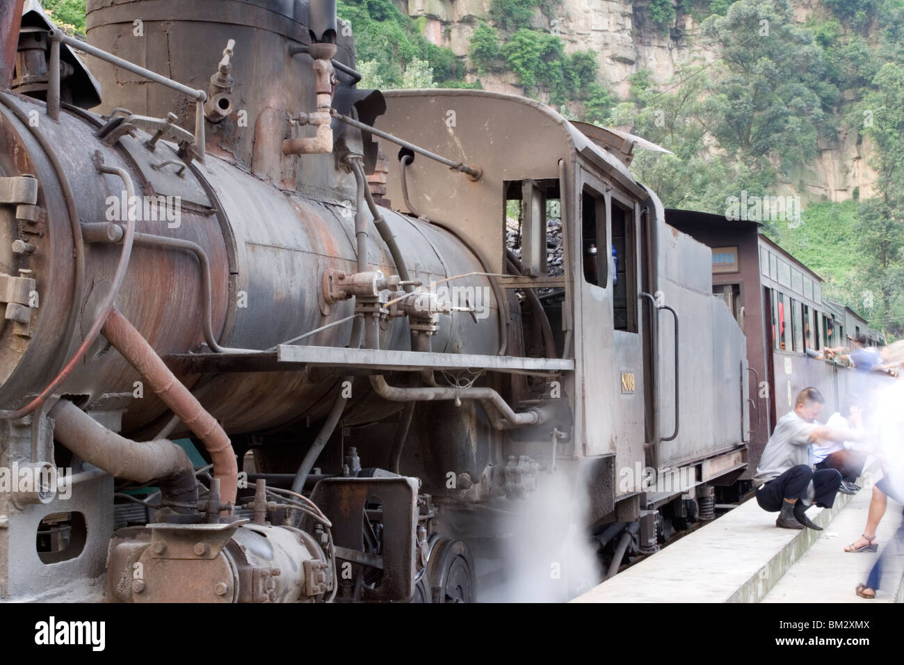 Close up of the steam engine of the Jiayang steam train in Leshan in ...