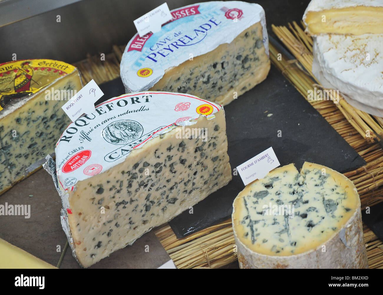 Assortment Blue Cheese on display at Fromagerie, Paris, France Stock ...