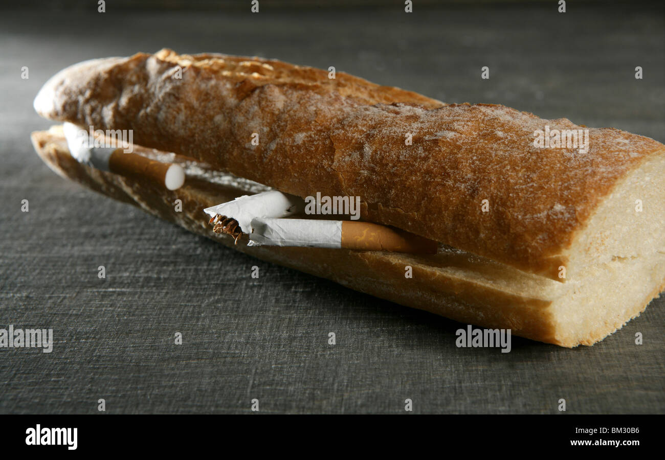 Cigarette bread sandwich menu, tobacco addiction metaphor Stock Photo ...