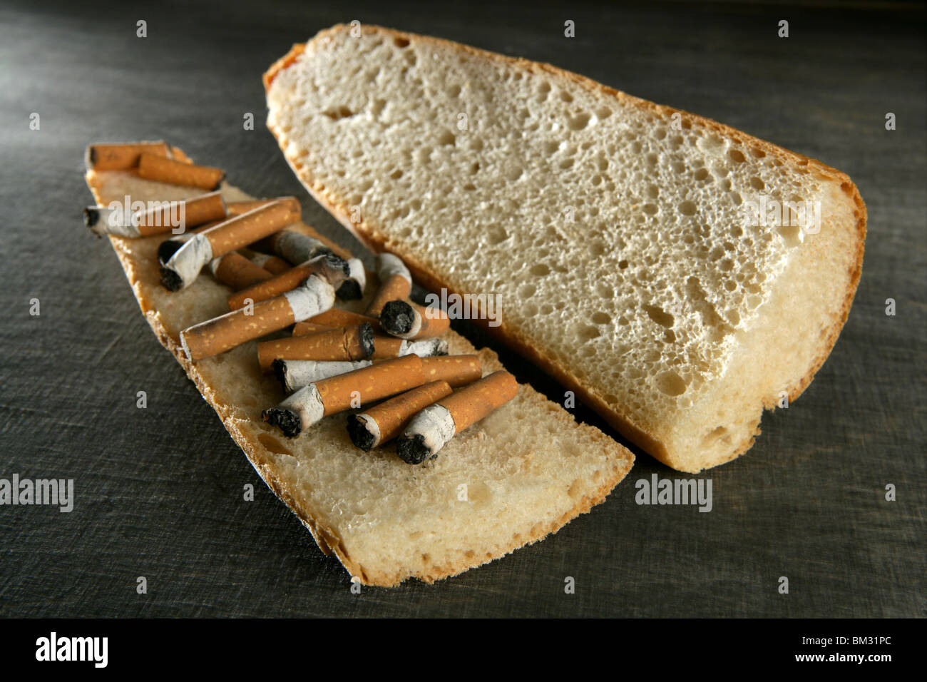 Cigarette bread sandwich menu, tobacco addiction metaphor Stock Photo ...