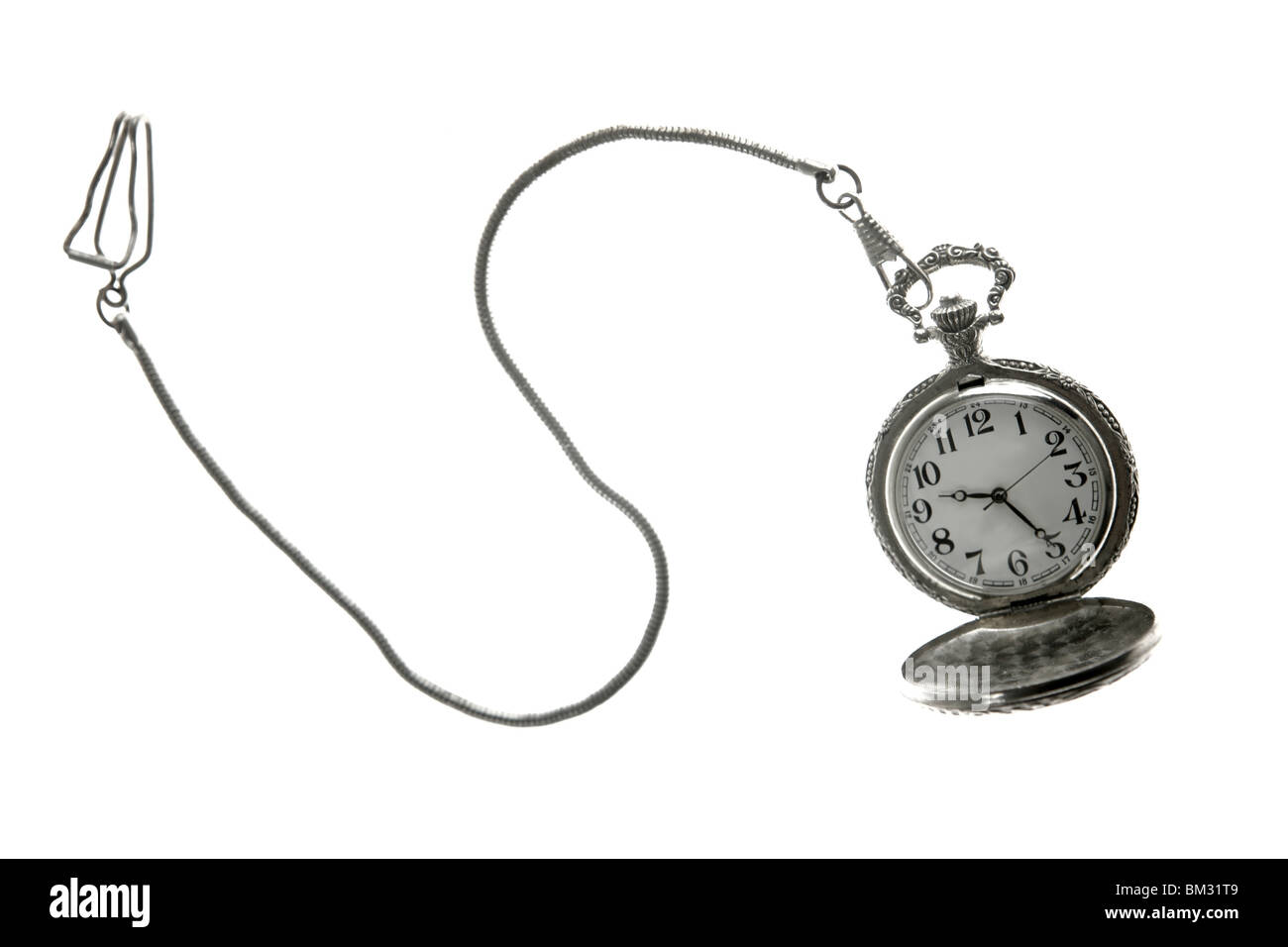 Old silver pocket watch clock with chain, isolated over white Stock ...