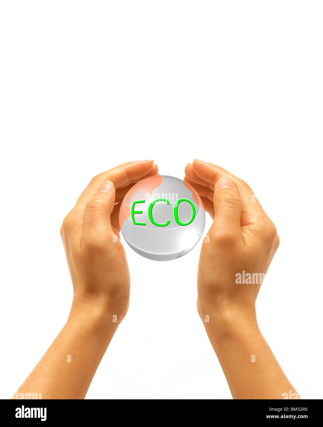 Hands holding glass ball written 'ECO' white background Stock Photo - Alamy