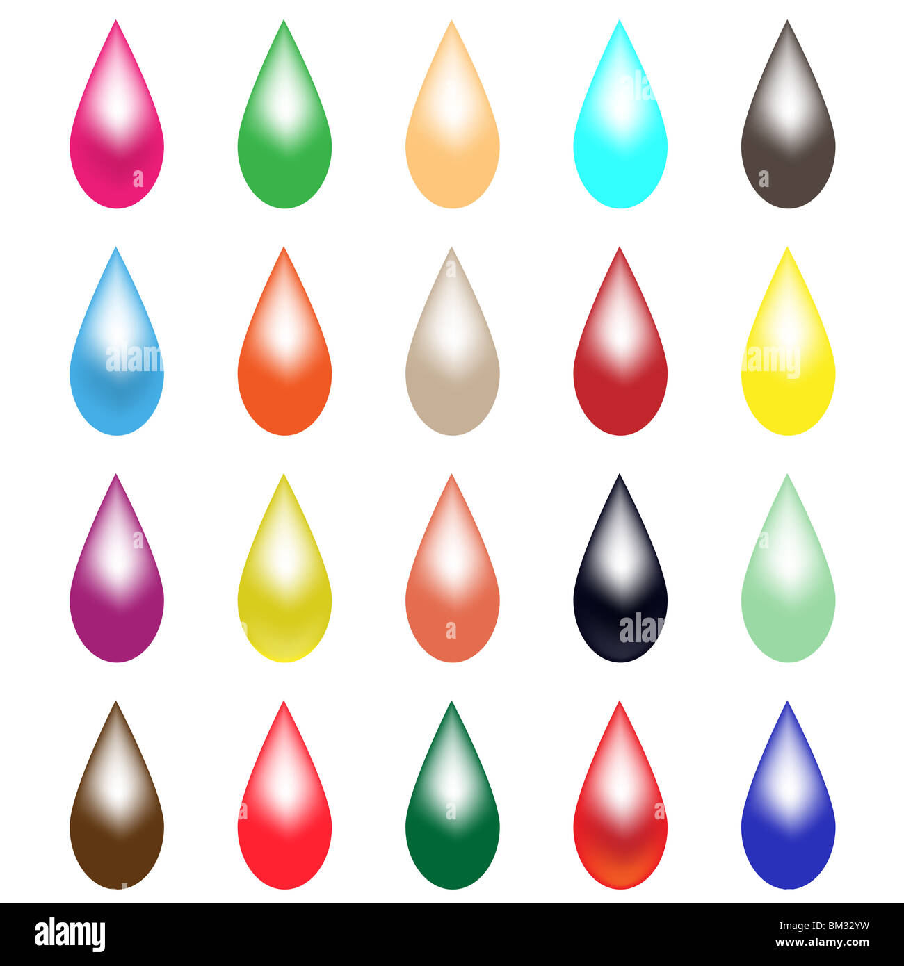 A set of twenty various colored shiny raindrops isolated on a white ...