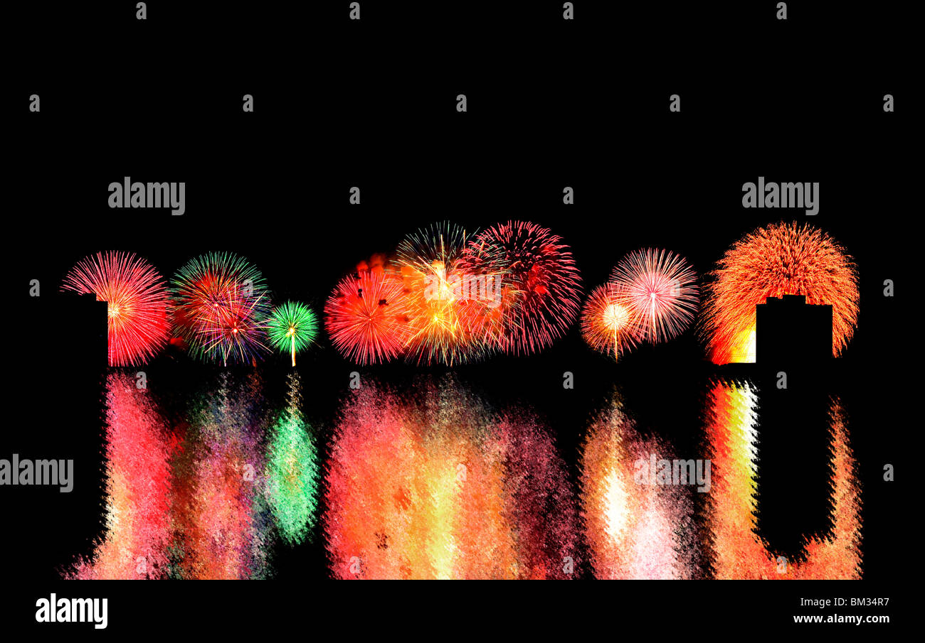 Fireworks exploding over water, computer graphic, black background ...
