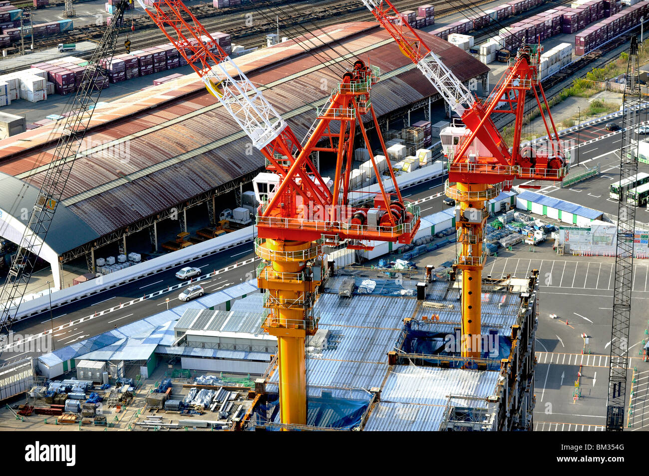 Cranes at construction site, Osaka Prefecture, Honshu, Japan Stock ...