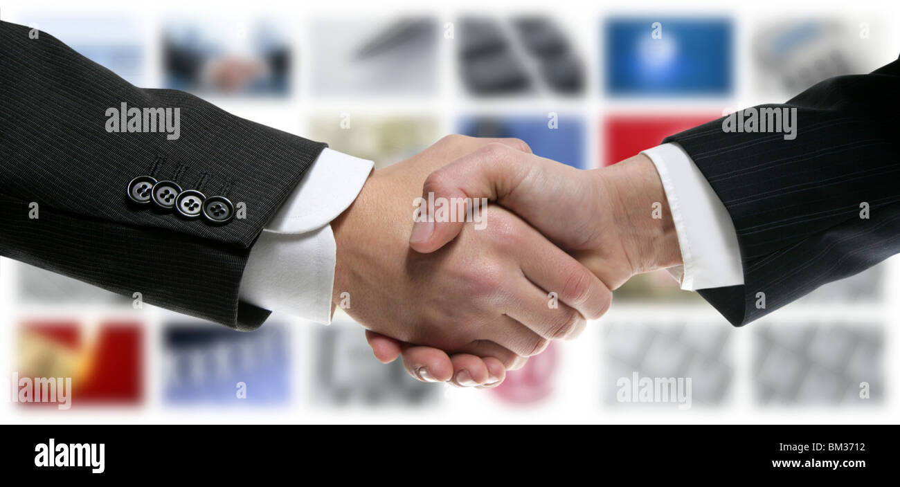 Tech tv video communication screen rows handshake Stock Photo - Alamy